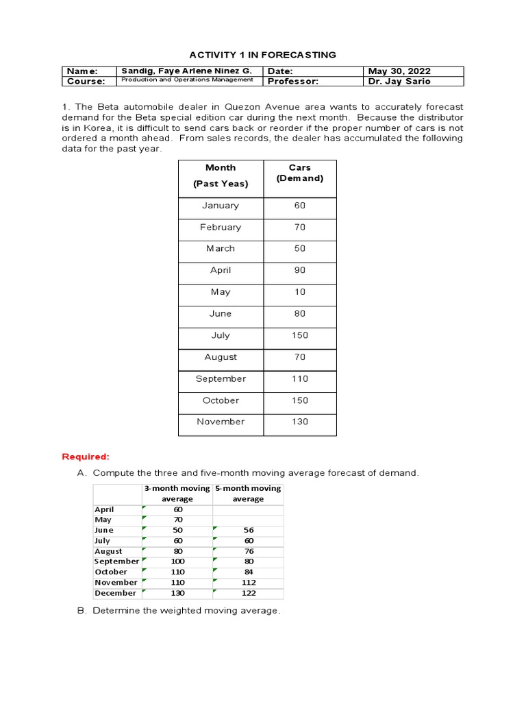 Activity 1 Forecasting Pdf Forecasting Moving Average