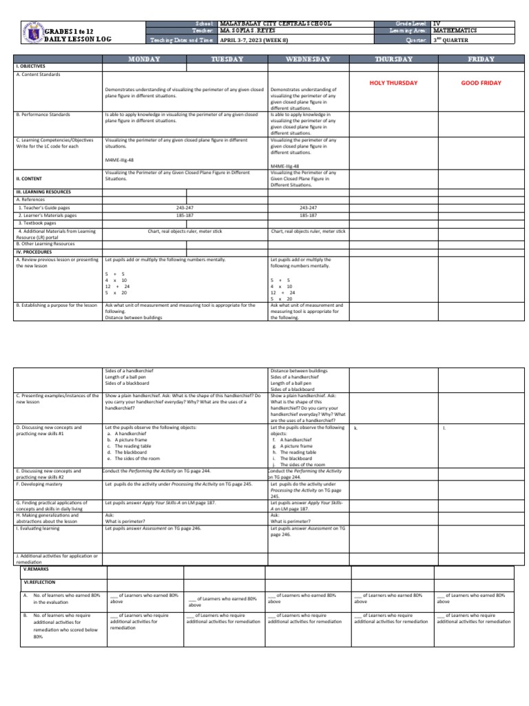DLL - Mathematics 4 - Q3 - W8 | PDF | Learning | Cognitive Science