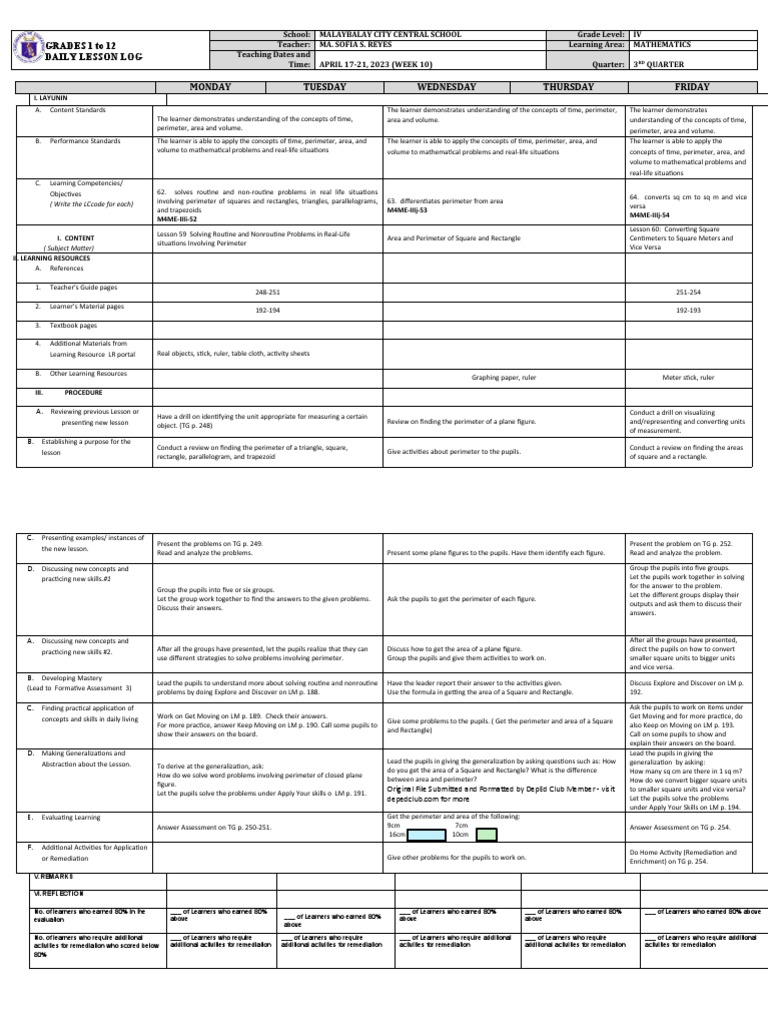 DLL - Mathematics 4 - Q3 - W10 | PDF | Area | Learning