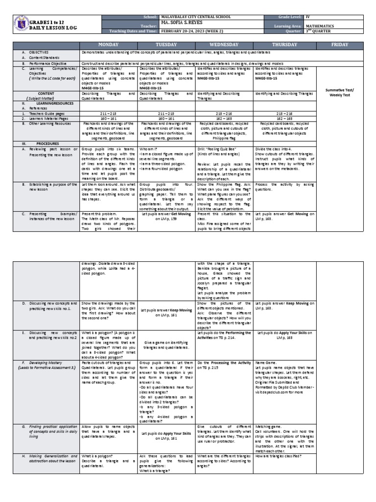 DLL - Mathematics 4 - Q3 - W2 | PDF | Triangle | Shape