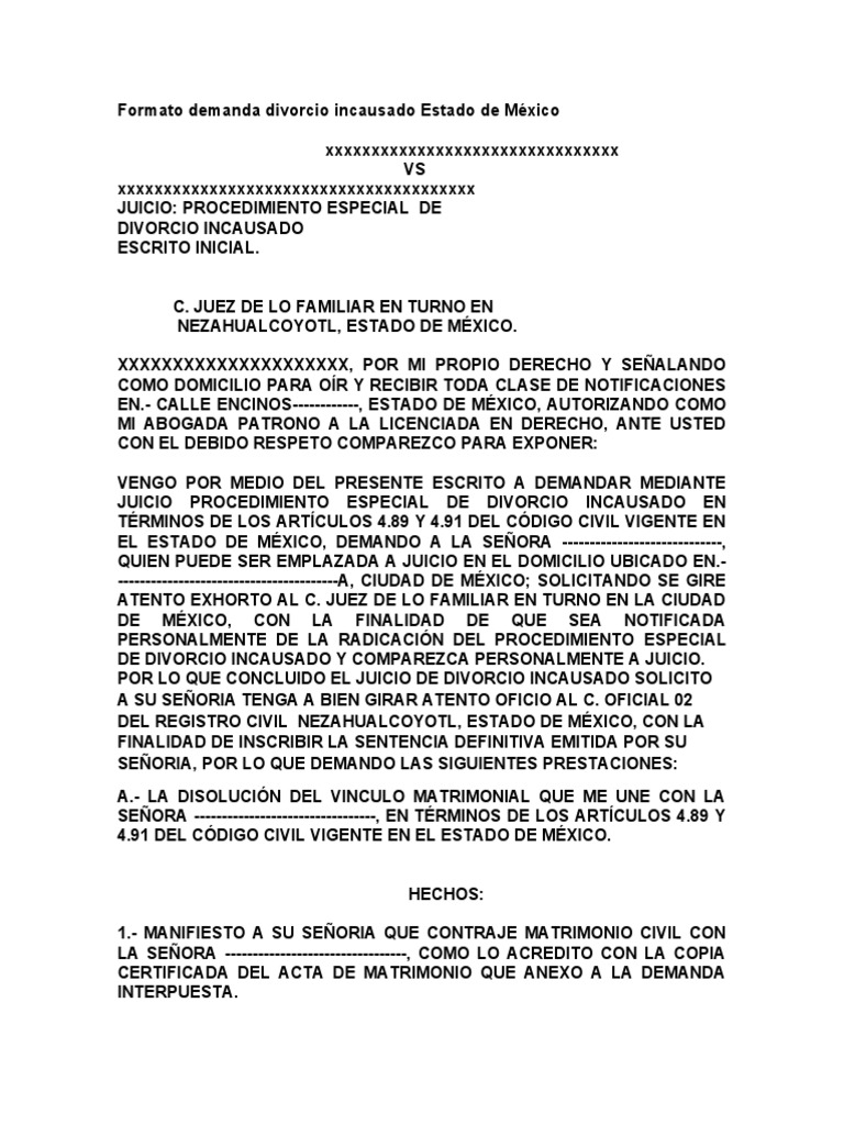 Formato Demanda Divorcio Incausado Edomex | PDF | Divorcio | Demanda ...