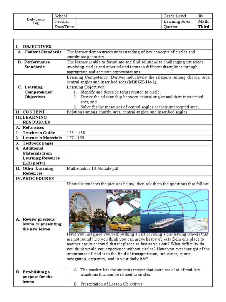 DLL Math 10 | PDF | Angle | Circle