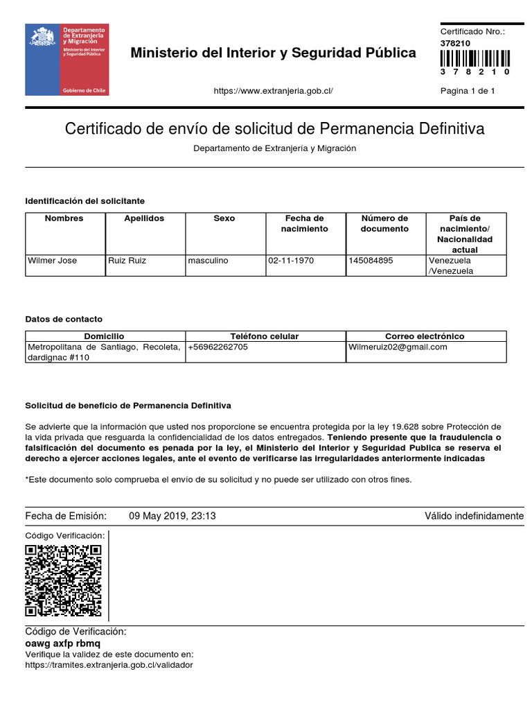 Certificado de Solicitud Permanencia Definitiva Wilmer | PDF | Justicia | Crimen y violencia