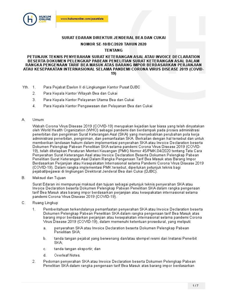 Surat Edaran Direktur Jenderal Bea Dan Cukai Nomor Se 10 BC 2020 Tahun 2020 | PDF