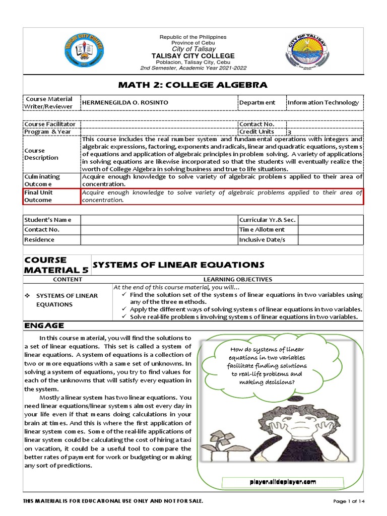 College Algebra: Linear Equations Guide | PDF | Equations | System Of ...