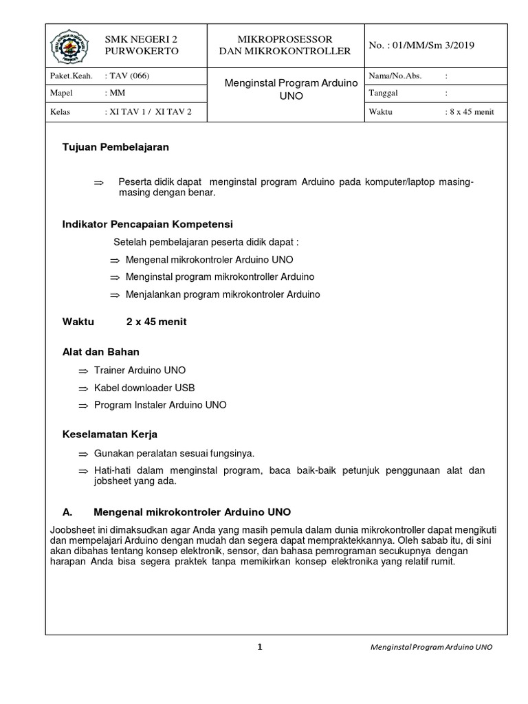 1 Joob Sheet MengInstal Program Arduino UNO | PDF | Komputer