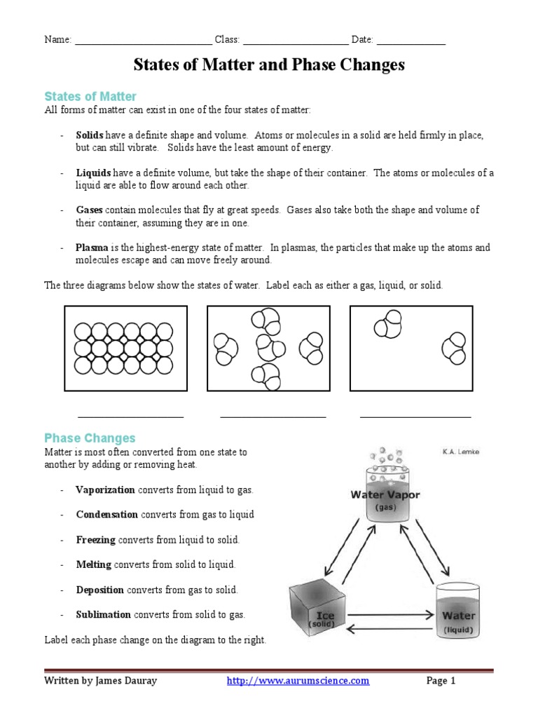 States of Matter and Phase Changes Worksheet | PDF | Liquids | Gases