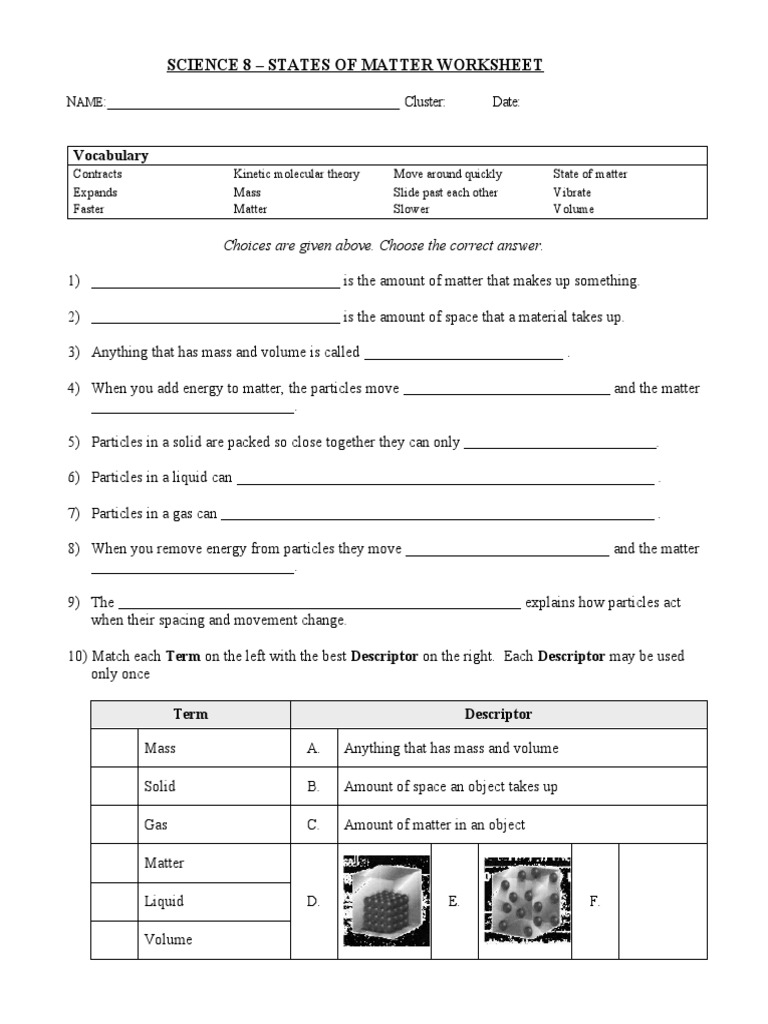Grade 7 States of Matter Worksheet | PDF | Gases | Matter