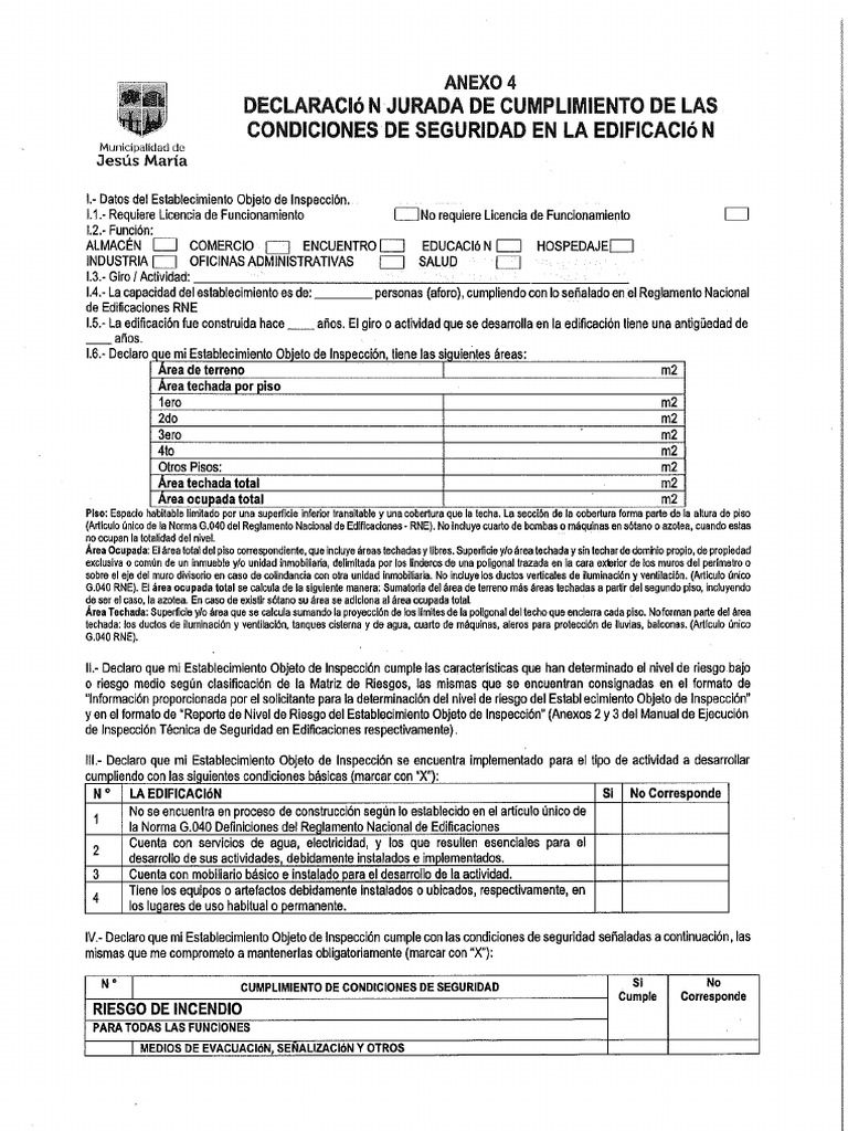 Anexo 4 Declaracion Jurada de Cumplimiento de Las Condiciones de Seguridad en La Edificacion | PDF