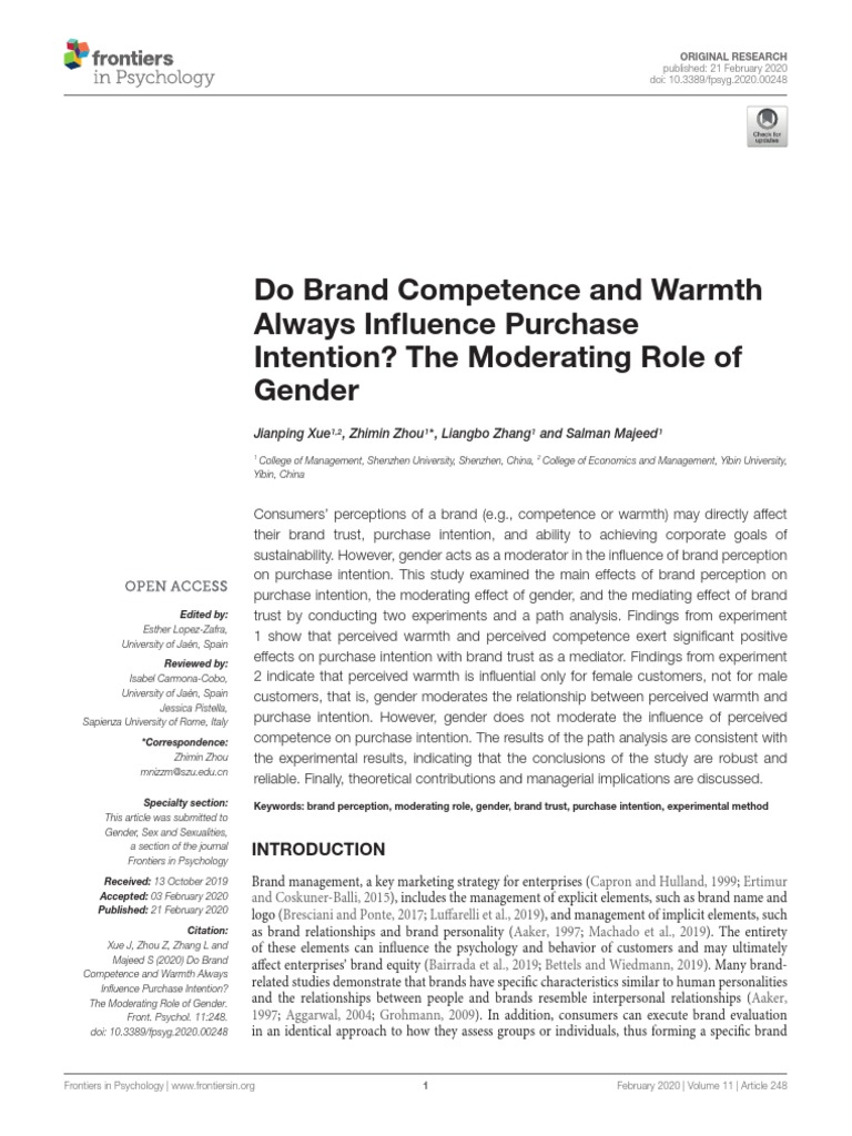Do Brand Competence and Warmth Always Influence Purchase Intention The Moderating Role of Gender ...