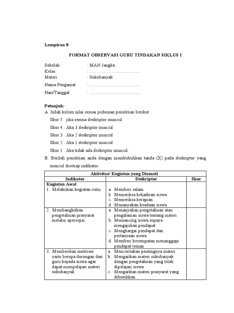 Format Observasi Guru 1... | PDF