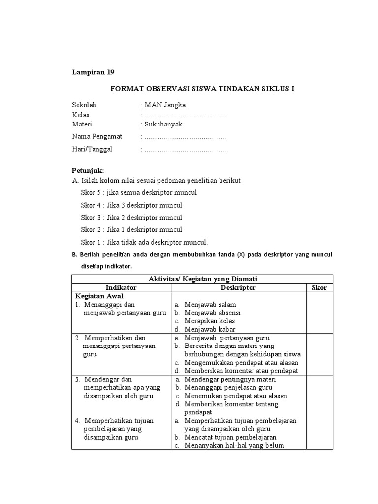 Format Observasi Siswa 2.... | PDF