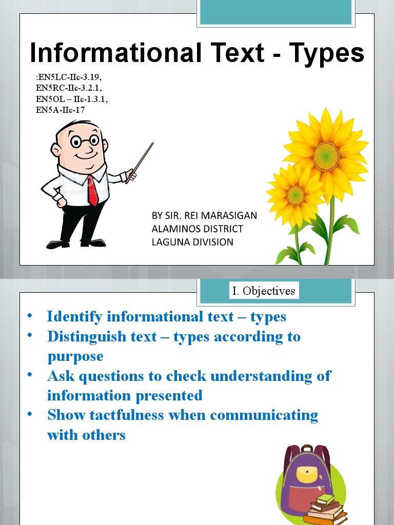 ENGLISH 5 Q2 W3 Informational Text - Types by Sir Rei Marasigan | PDF ...