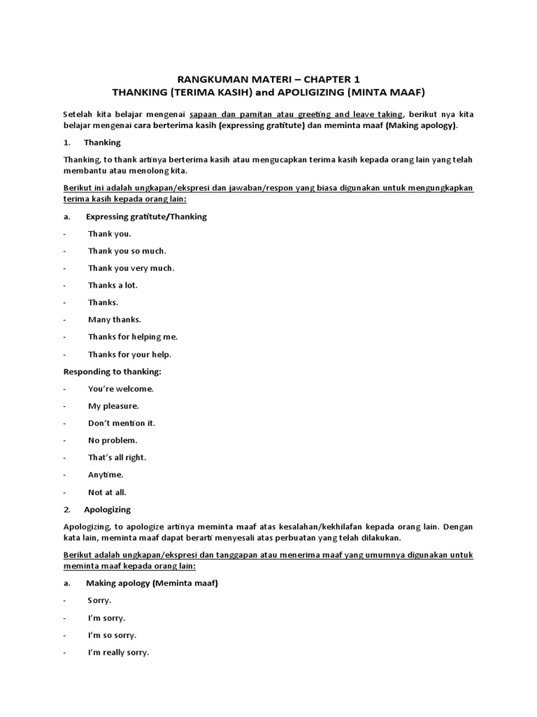 Chapter 1 Thanking & Apologizing KLS 9 | PDF