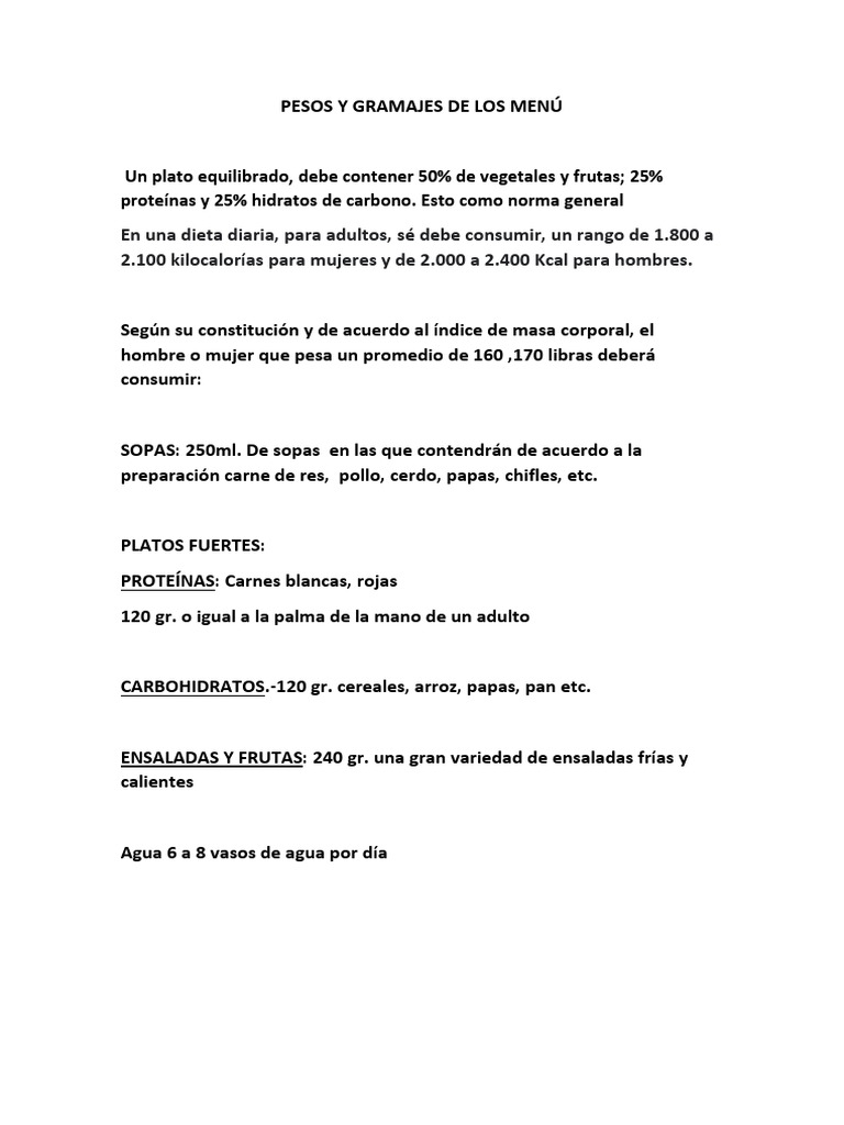 Pesos y Gramaajes de Menú Saludable | PDF | Salud y bienestar | Tecnología