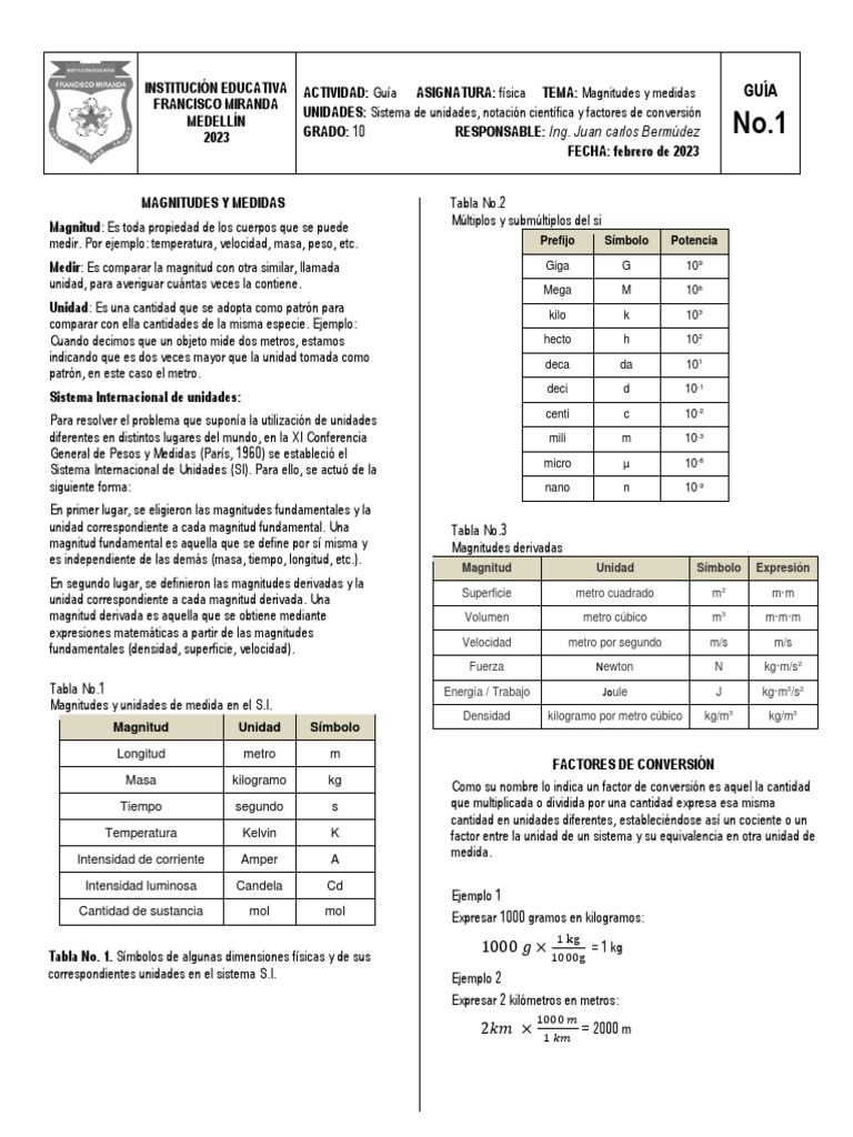 Guía No. 1 Magnitudes y Medidas | PDF | Sistema Internacional de ...
