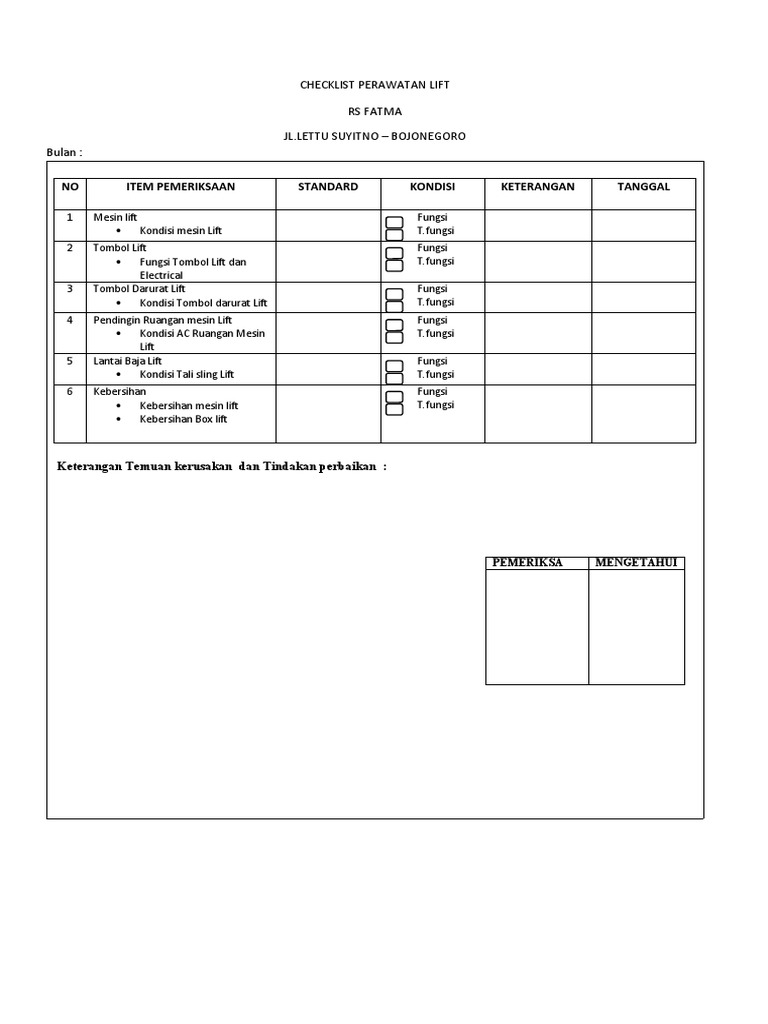 Checklist Perawatan Lift | PDF
