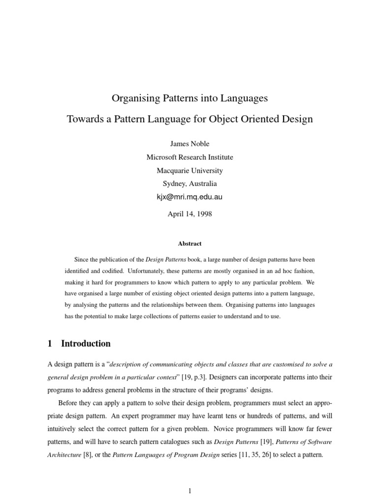 Organising Patterns Into Languages Towards A Pattern Language For Object Oriented Design | PDF ...