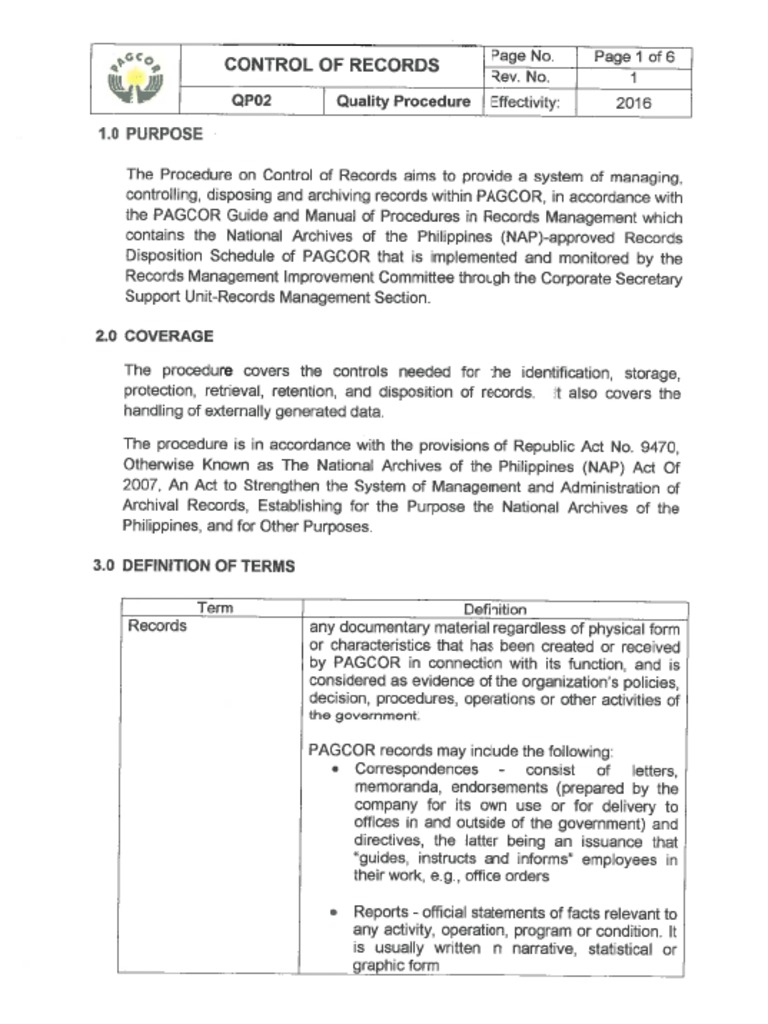 Pagcor qp02 Control of Records | PDF