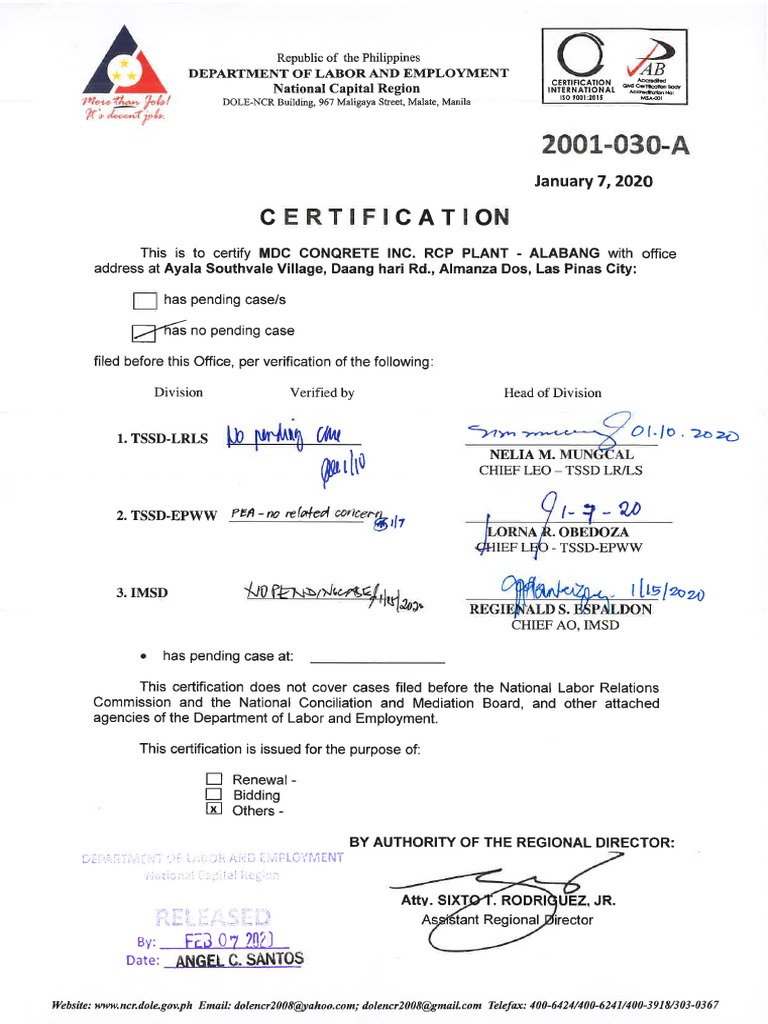 Certificate of No Pending Case - RCP Alabang 2020 | PDF