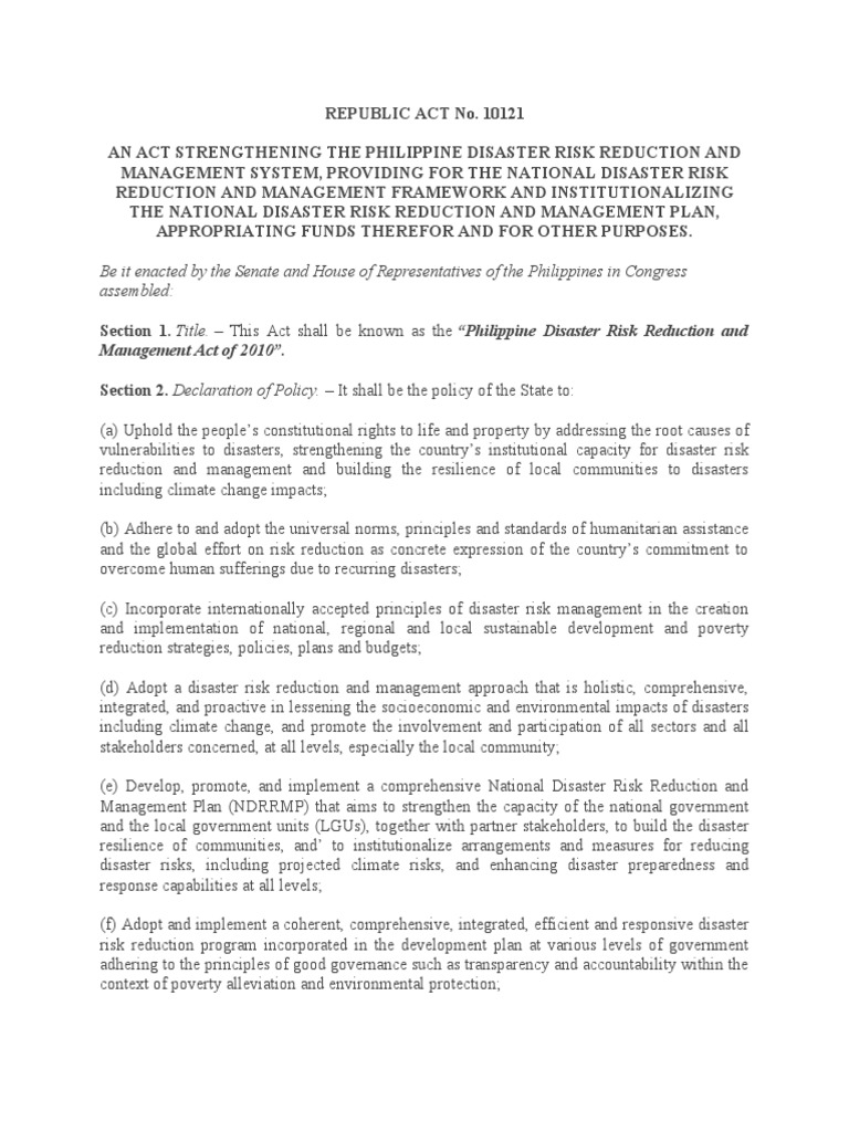 Republic Act No 10121 | Download Free PDF | Disaster Risk Reduction ...