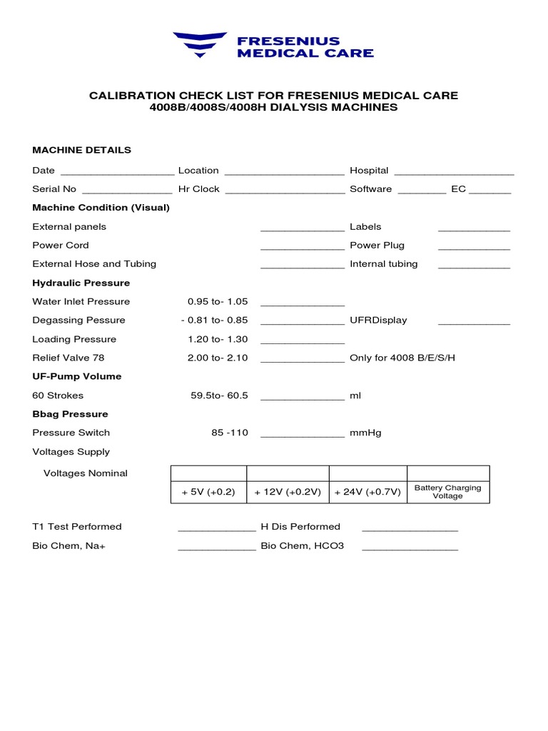 Calibration Check List For Fresenius Medical Care | PDF | Manufactured ...