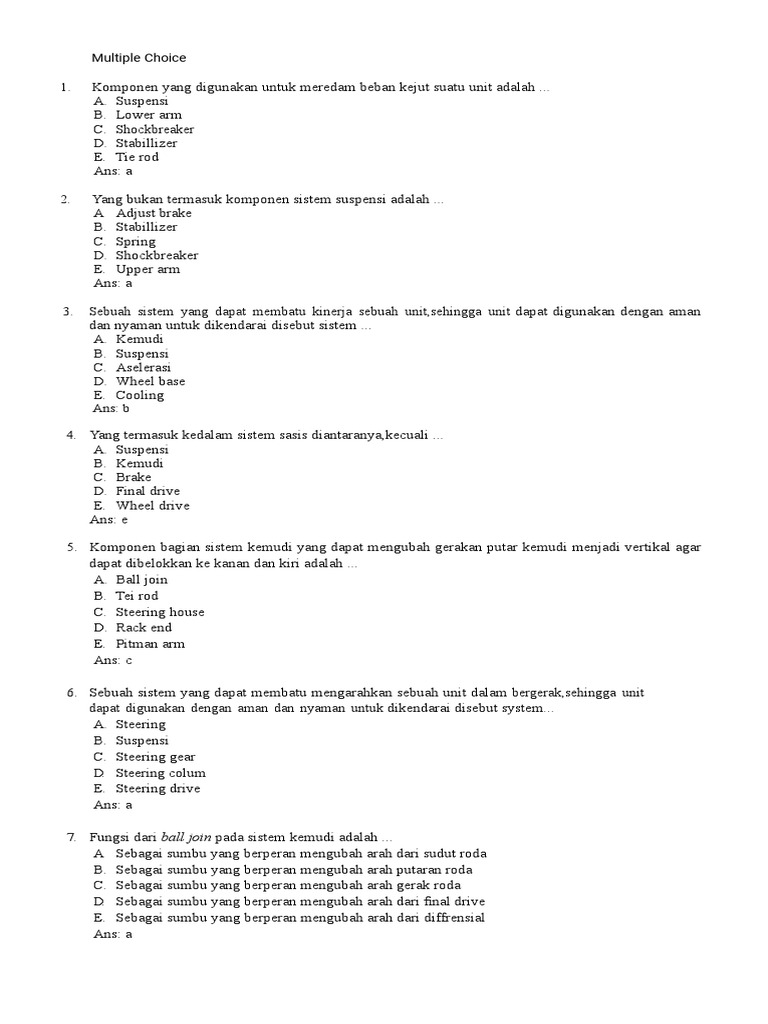 Soal PAS Pemeliharaan Sasis Dan Pemindah Tenaga (XI, XII TKRO) | PDF | Teknologi & Rekayasa