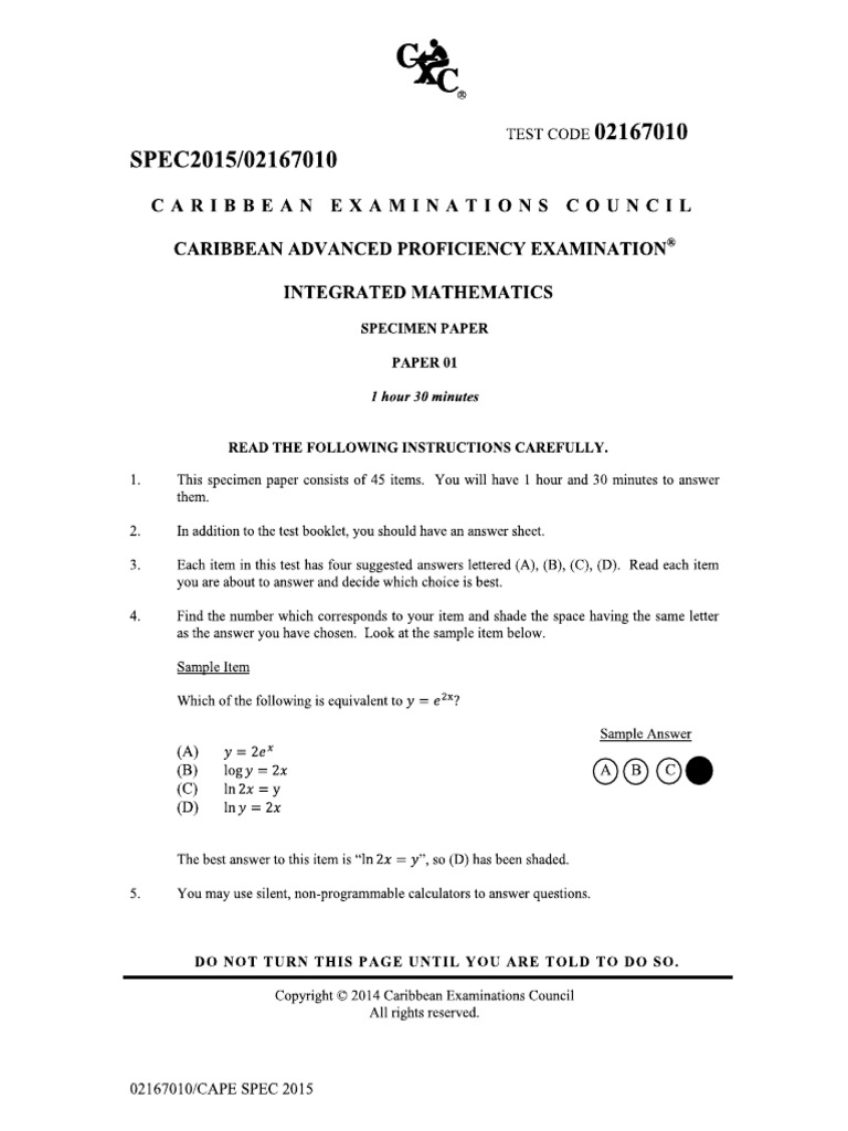 Cape Integrated Mathematics Paper 1 | PDF