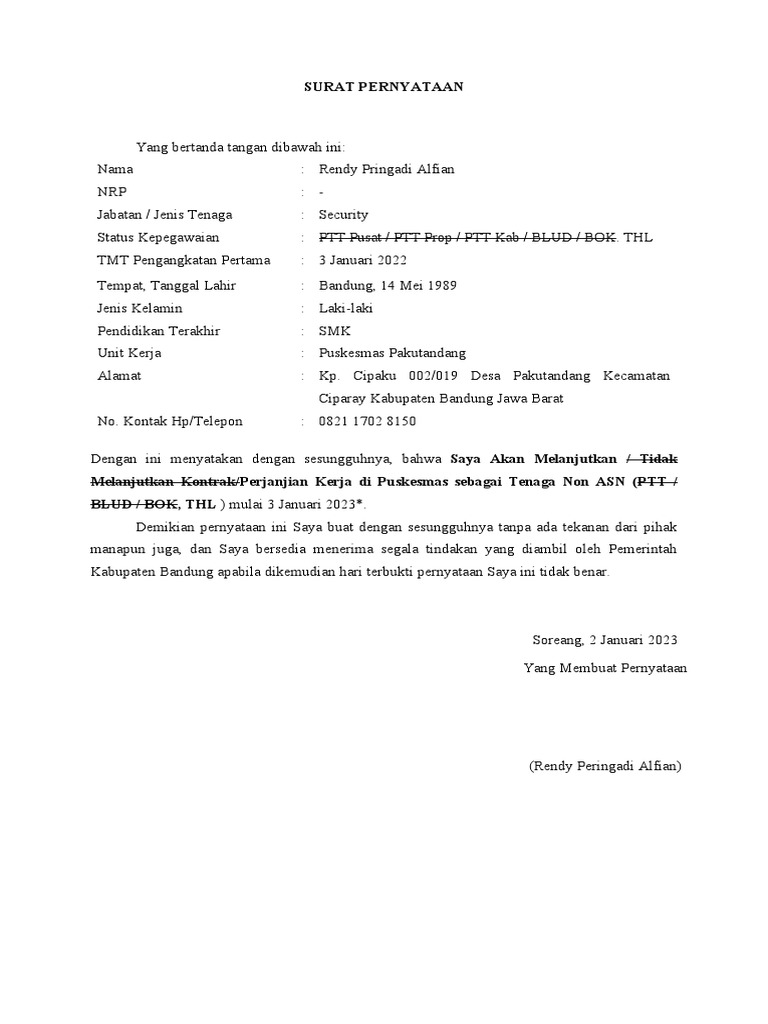 Surat Pernyataan Perpanjang Kontrak Rendy | PDF