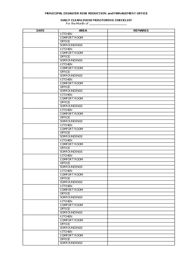 Daily Cleanliness Monitoring Checklist | PDF