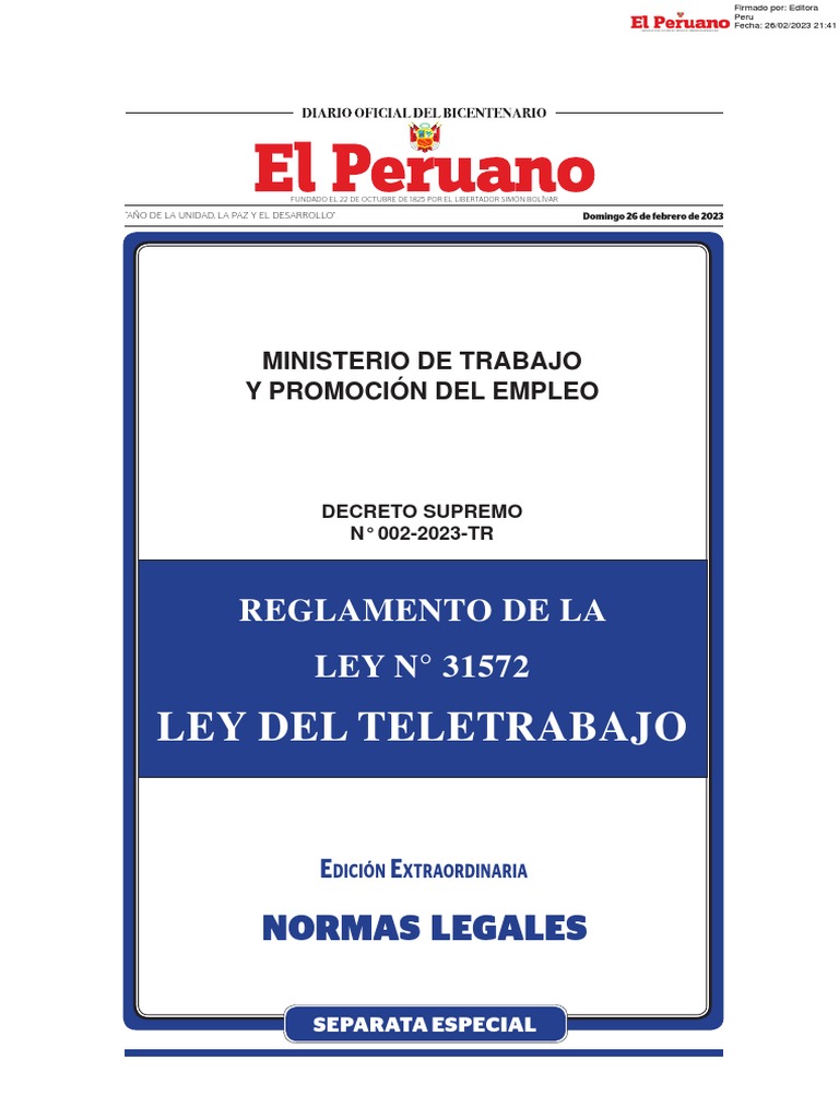Decreto Supremo Que Aprueba El Reglamento de La Ley N 31572 Decreto Supremo N 002 2023 TR ...