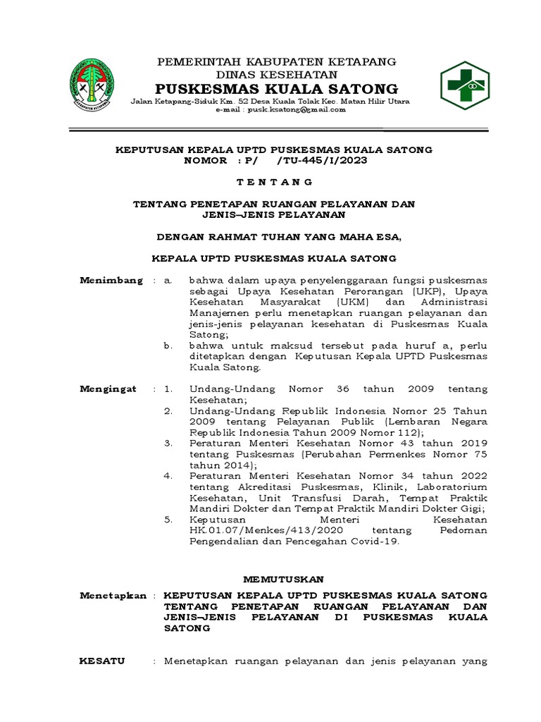 1.1.1.2 SK Kepala Puskesmas TTG Jenis Jenis Pelayanan | PDF