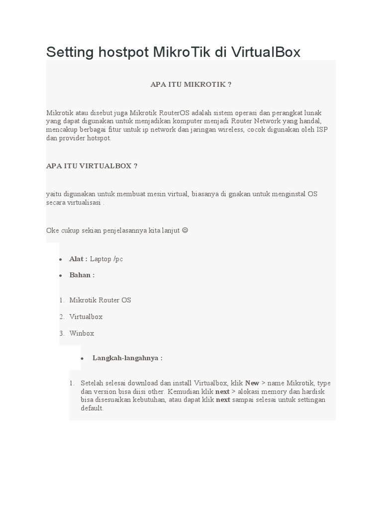Setting Hostpot MikroTik Di VirtualBox | PDF