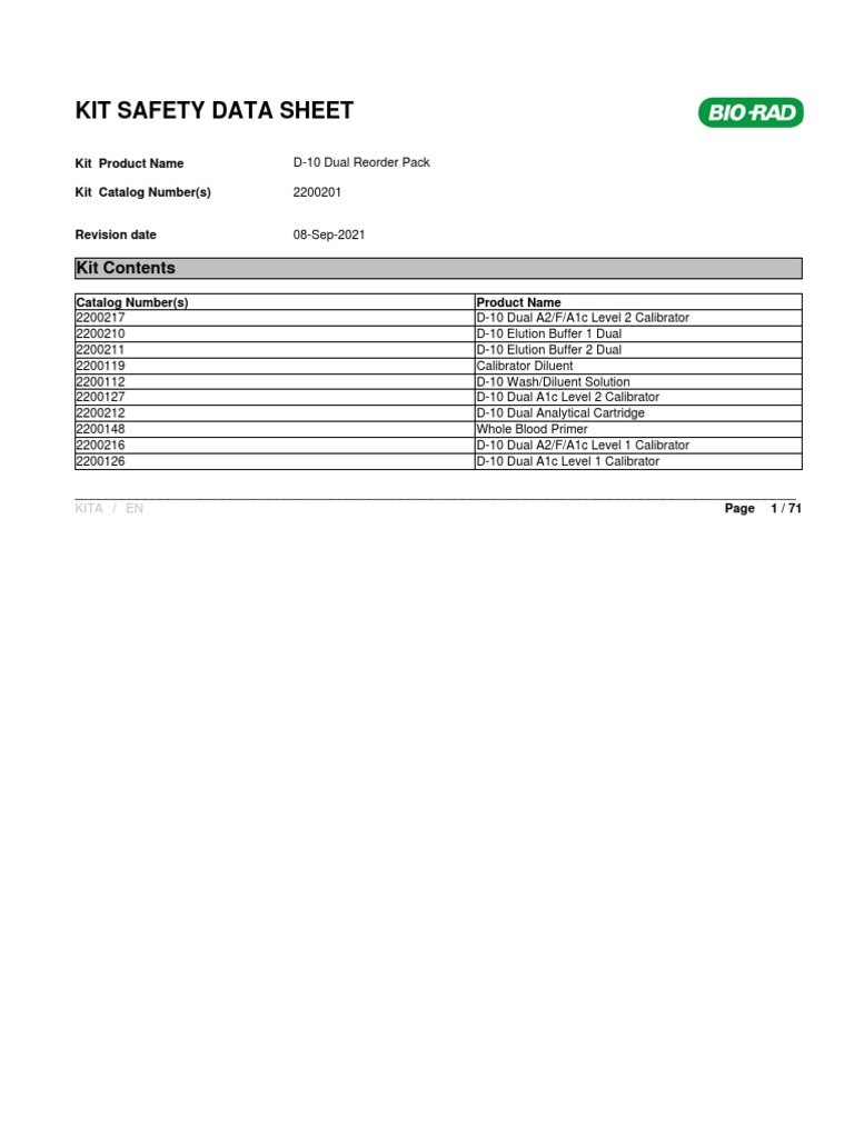 Bio-Rad D-10 Calibrator Safety Data Sheet | PDF | Toxicity | Personal ...