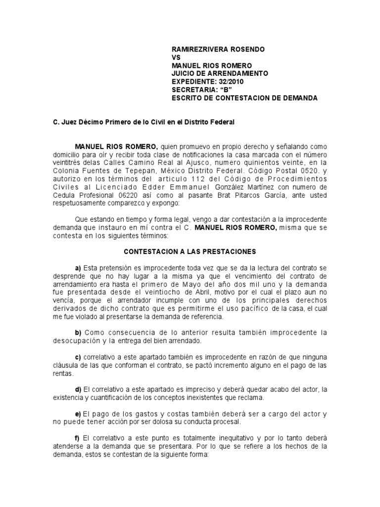 Contestacion de Demanda Arrendamiento | PDF | Demanda judicial | Bancos