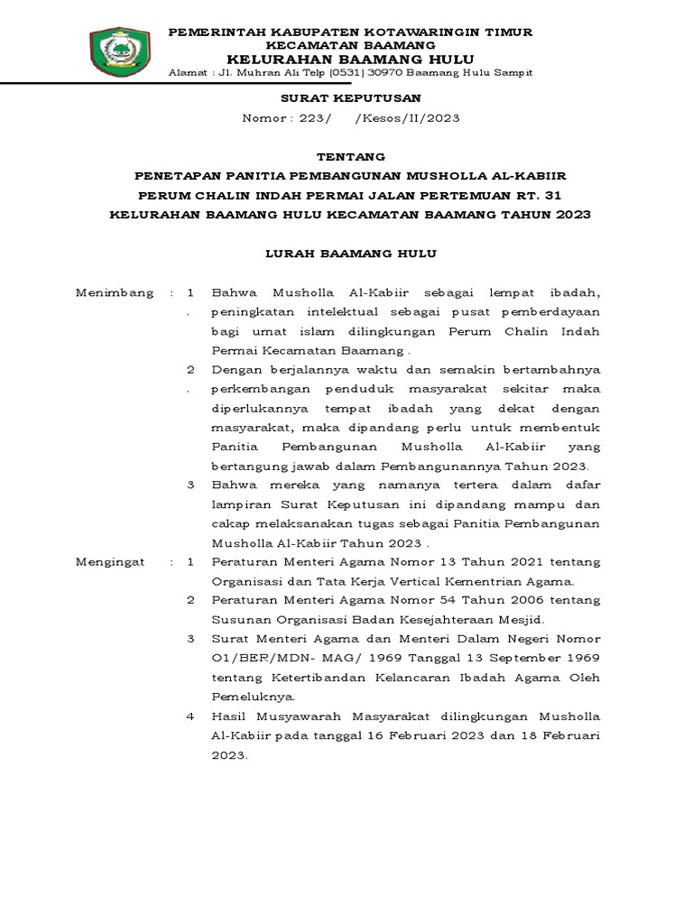SK Penetapan Panitia Pembangunan Mushalla Al-Hijrah | PDF