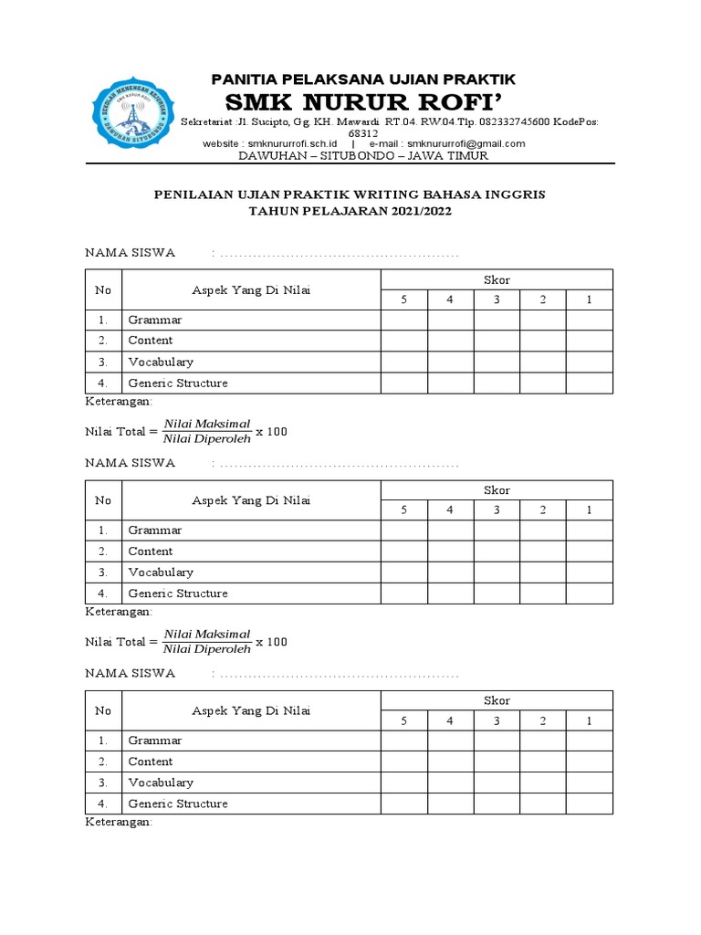 Penilaian Ujian Praktik Writing Bahasa Inggris | PDF | Metode & Bahan Ajar | Komputer