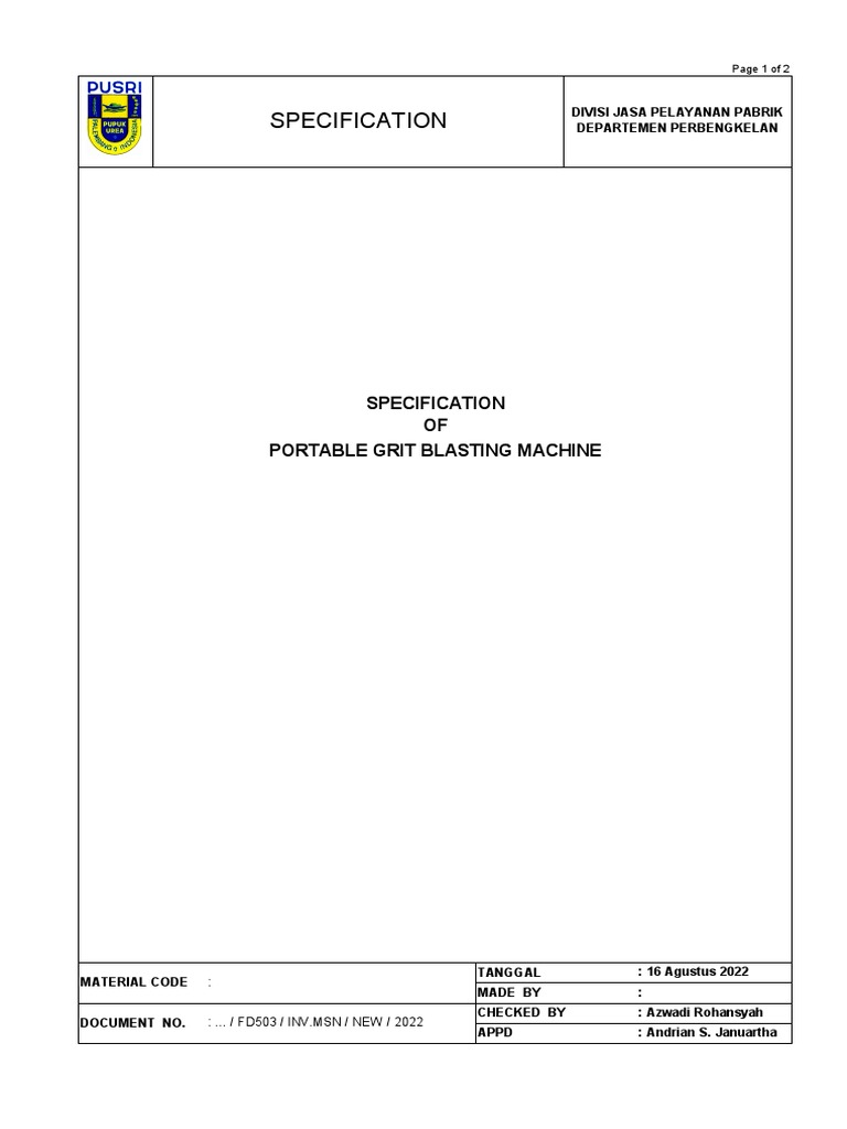 Spesifikasi Blasting Machine | PDF | Mechanical Engineering ...