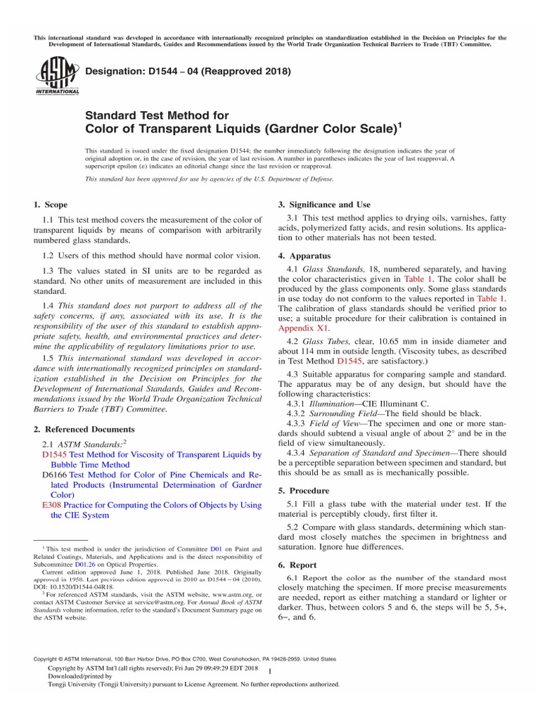 ASTM D1544 Colour of Transparent Liquids (Gardner Color Scale) | PDF