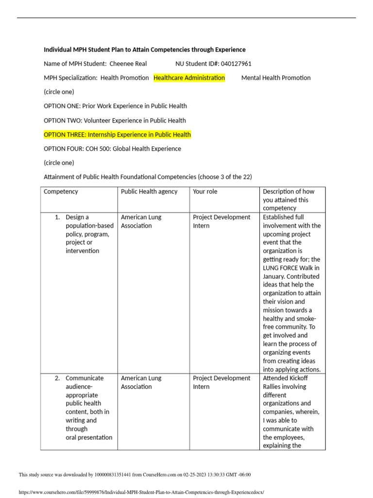 Individual MPH Student Plan To Attain Competencies Through Experience ...