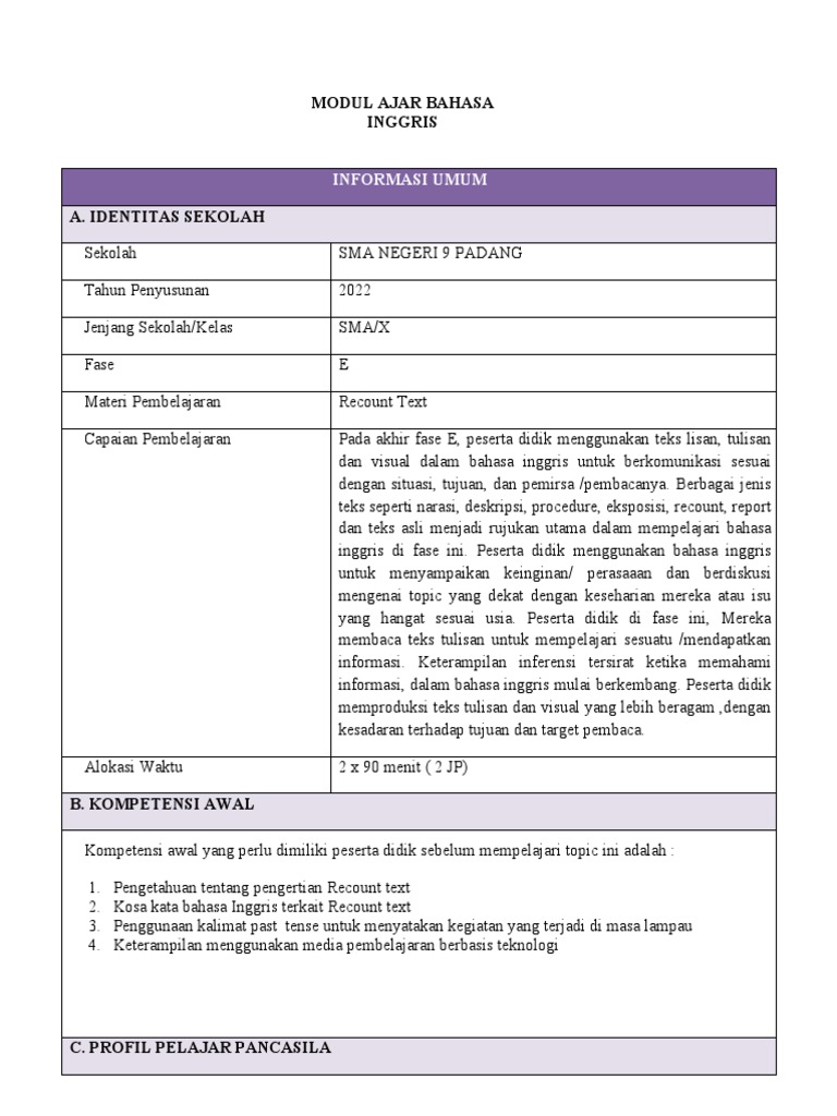 Modul Ajar Recount Text | PDF