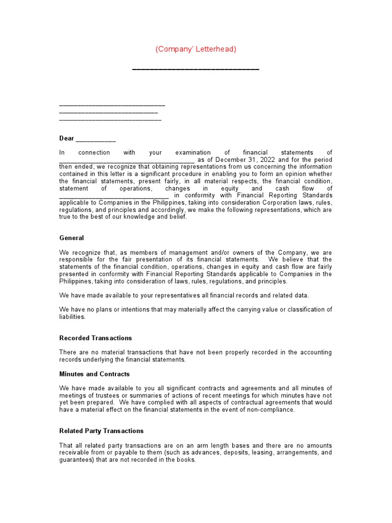 Company Representation Letter | PDF | Financial Statement | Business Law