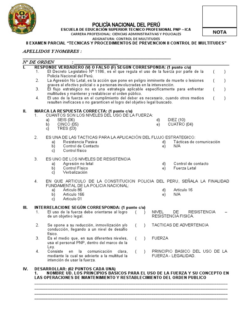 Examen Parcial 2 Control de Multitudes | PDF | Policía | Fuerza