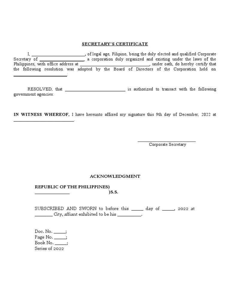 Secretary Certificate | PDF