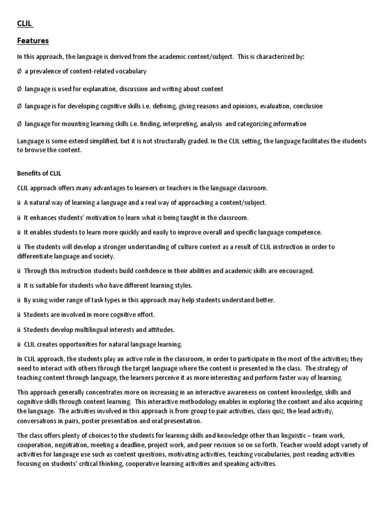 CLIL & TASK-BASED APPROACH (Ventajas y Desventajas) | PDF | Learning | Second Language Acquisition