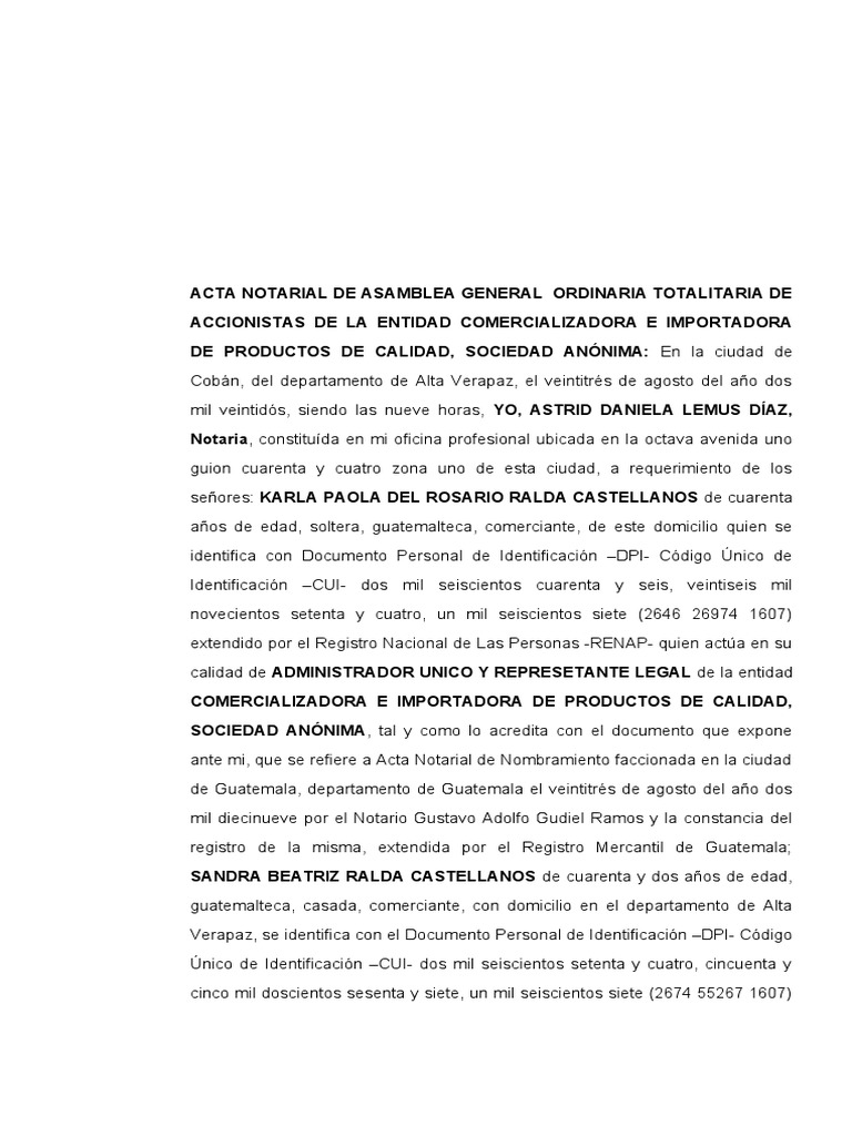 ACTA Notarial de ASAMBLEA GENERAL TOTALITARIA Nombramiento de ...