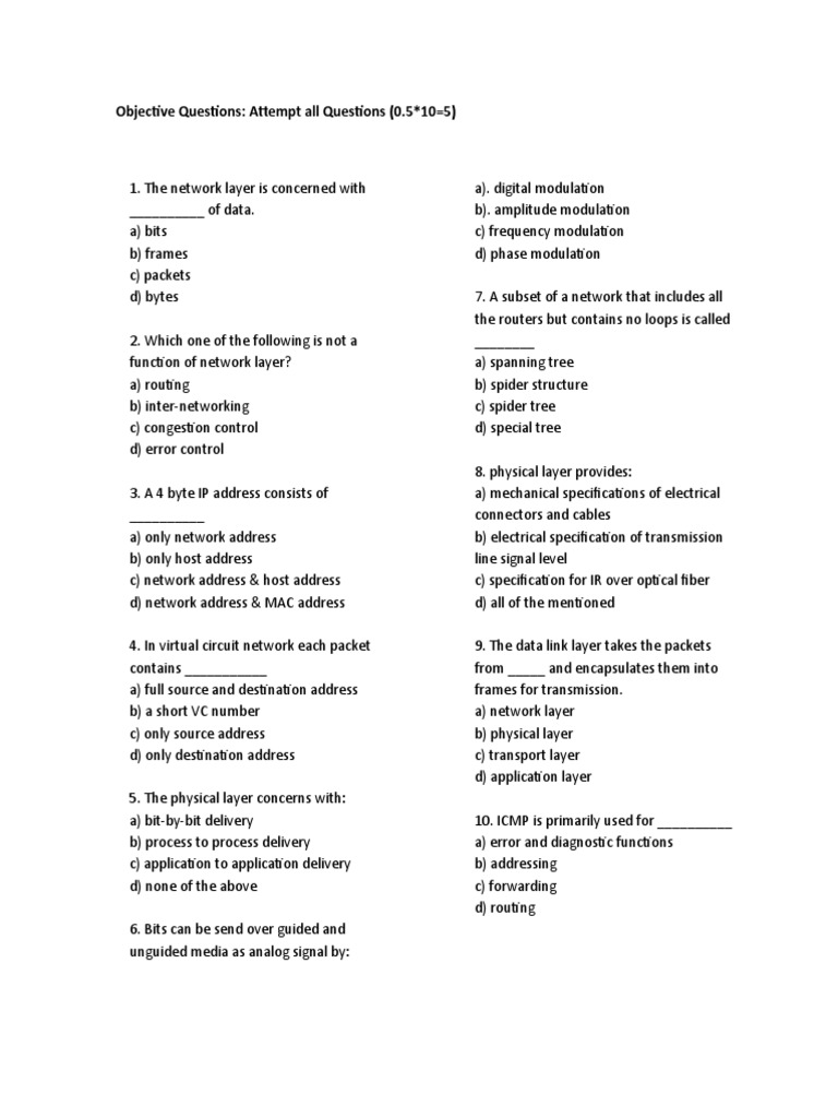 Network Layer Fundamentals: An Analysis of Key Concepts Covered in Objective Questions | PDF ...