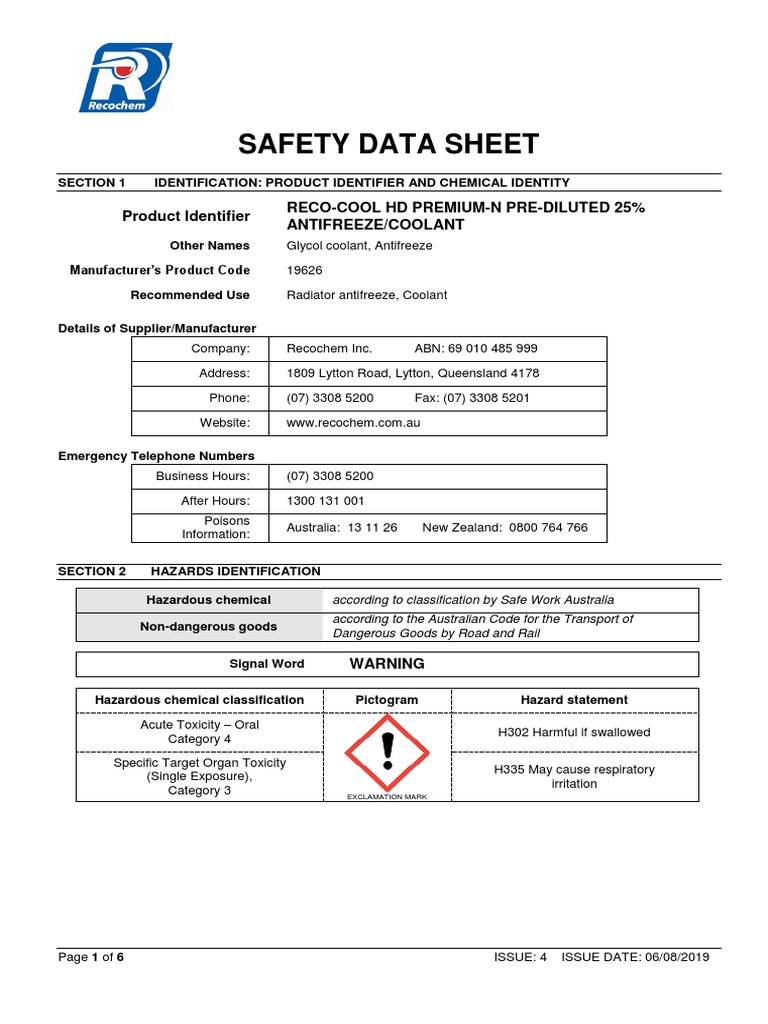 Reco-Cool HD Premium-N 25% Antifreeze-Coolant v4 - MSDS - 230224 ...