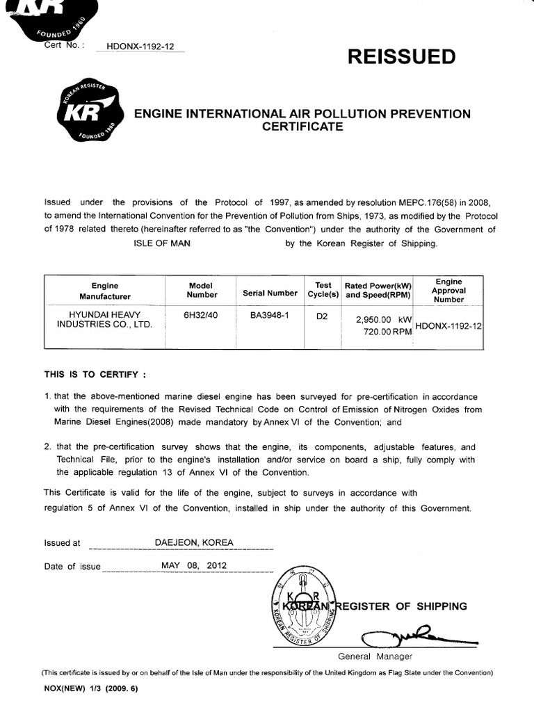 13-03 EAPP Certificate (Aux. Engine BA3948-1) | PDF | Engines | Fuel Oil