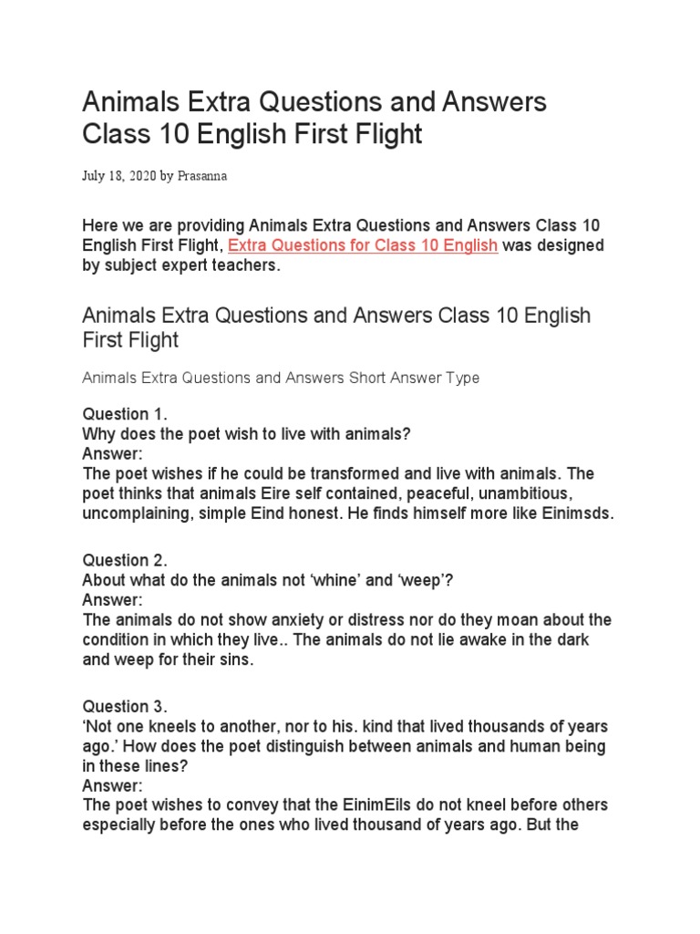 Animals Extra Questions and Answers Class 10 English First Flight | PDF ...